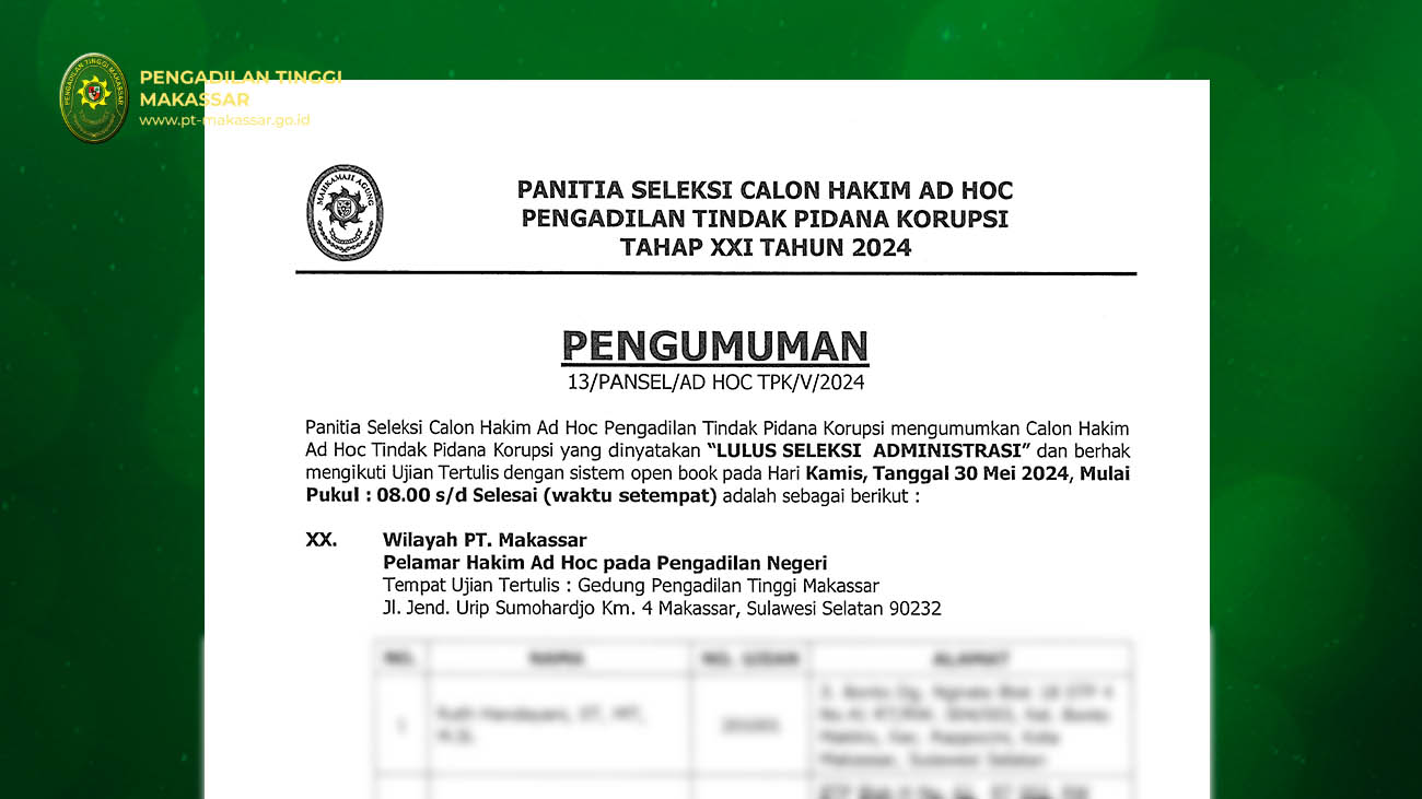 Pengumuman Kelulusan Seleksi Administrasi Calon Hakim Ad Hoc Tipikor ... Pengumuman Kelulusan Seleksi Administrasi Calon Hakim Ad Hoc Tipikor ...